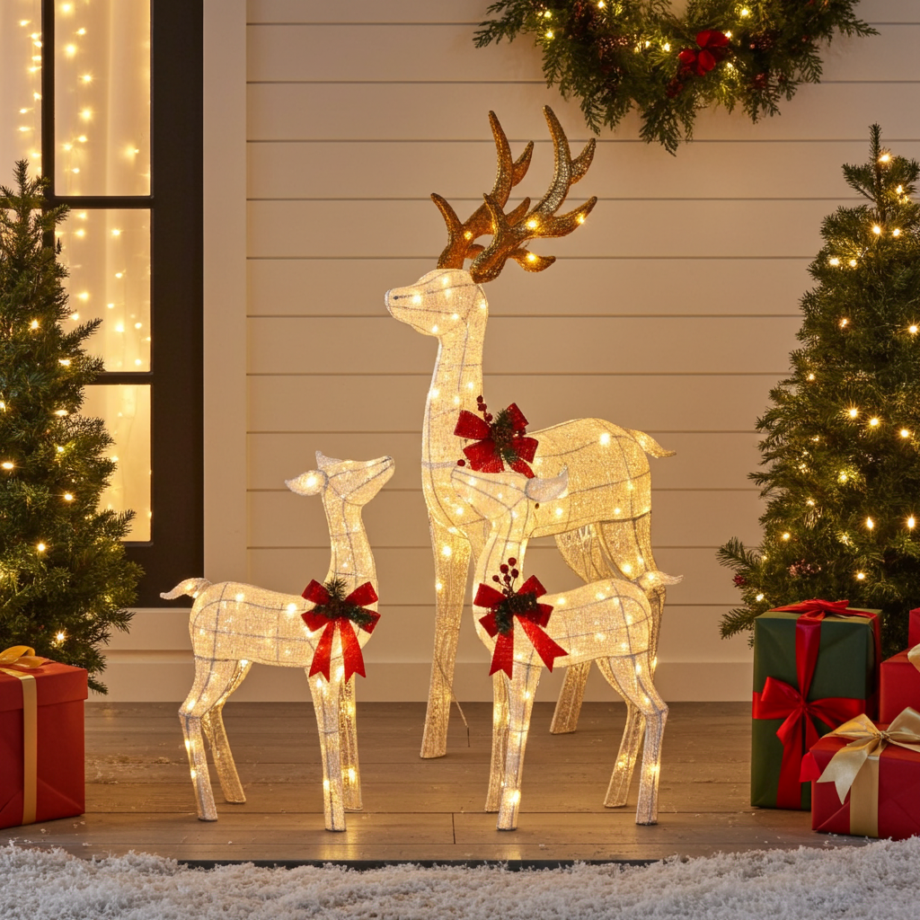 Outdoor White LED Light Up Reindeer Family Christmas Display ...